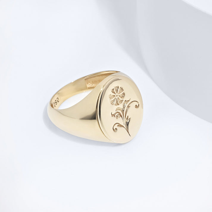 Floral Engraved 14k Gold Signet Ring - Women's Luxury Jewelry ...
